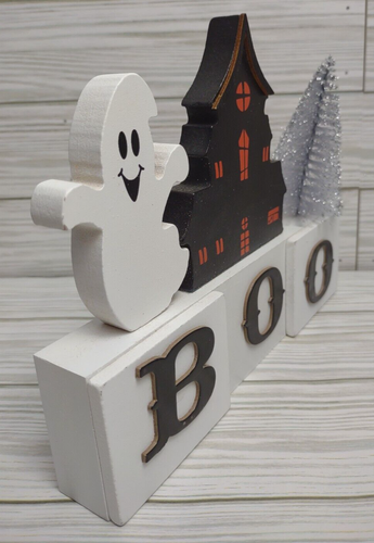 Ghost Boo Halloween Village Decor Wood Haunted House Tinsel Tree ...