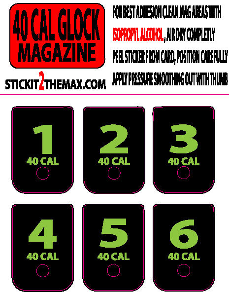 FITS GLOCK 40 CAL LIME NUMBERED 1-6 MAGAZINE BASE PLATE STICKERS,set of ...