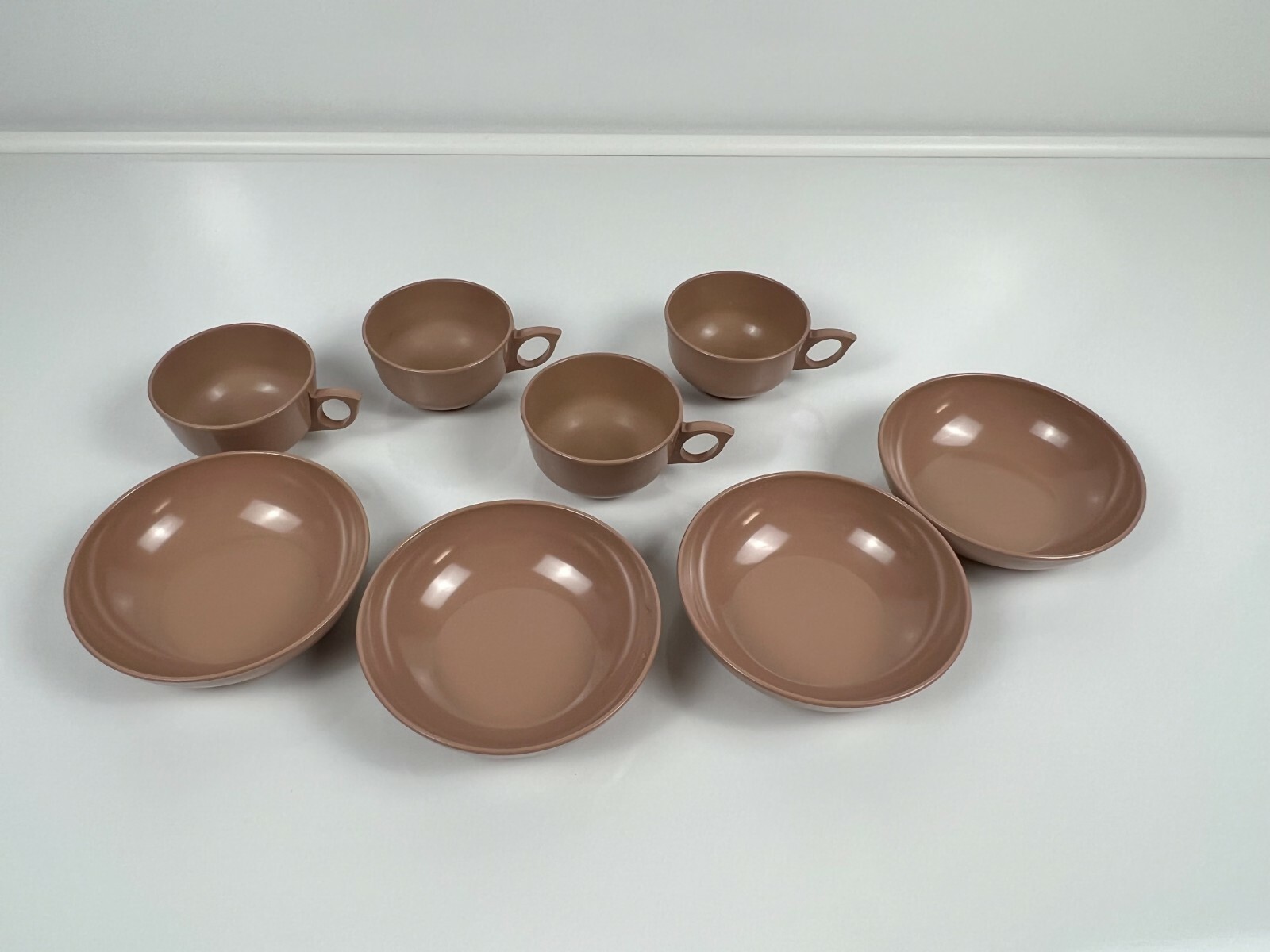 8 PIECE SET VTG Miramar Melmac #108 Rose Brown Weber Plastic BOWLS CUPS ...