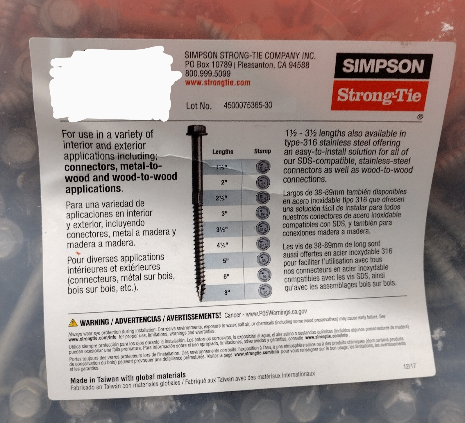 Lot of 100 - Simpson Strong-Tie SDS25600 Heavy-Duty 1/4x6" Hex Head ...
