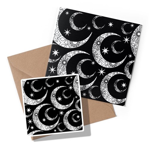 1 x Greeting Card & Sticker Set - Half Moons Pattern Moon Star #12559 ...