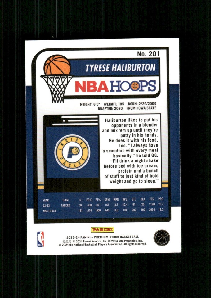 2023-24 Hoops Premium Stock #201 Tyrese Haliburton | eBay