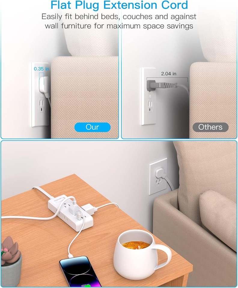 Flat Plug Power Strip, Ultra Thin Extension Cord, 6 Outlets 3 USB Ports ...