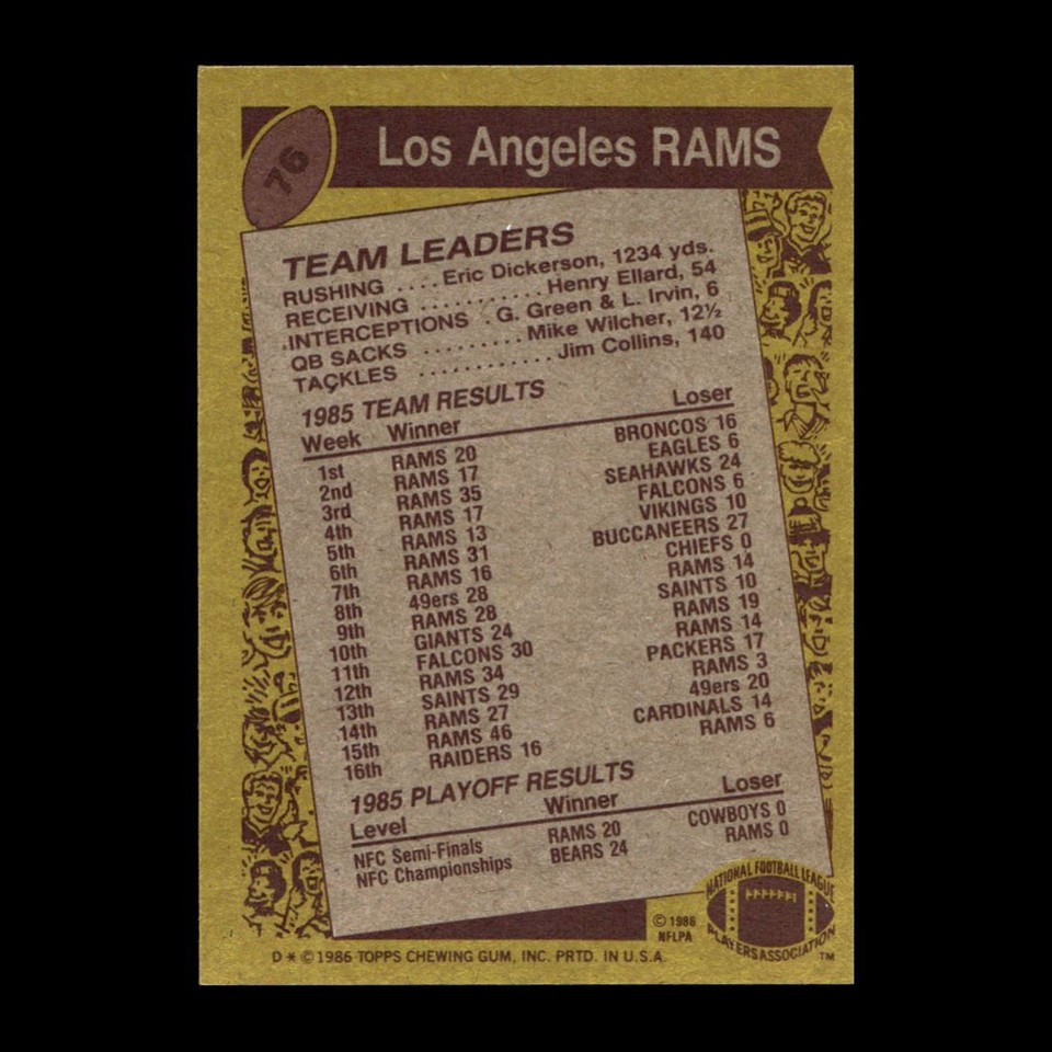 Rams Team Leaders 1986 Topps Los Angeles Rams #76 R326G 62 | eBay