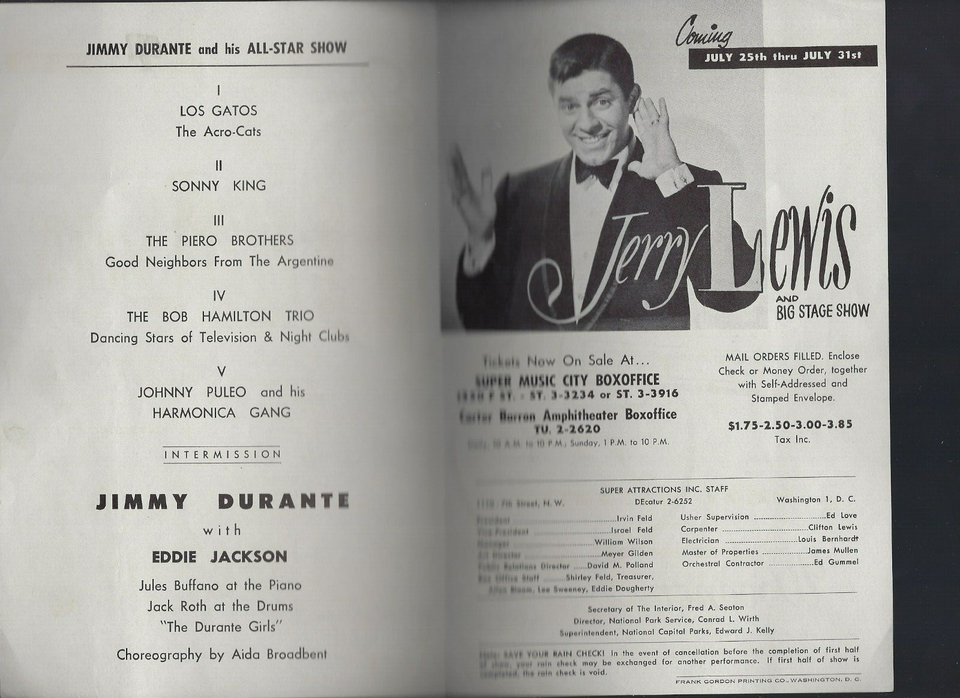 PROGRAM CARTER BARRON AMPHITHEATER WASHINGTON JIMMY DURANTE JERRY LEWIS ...