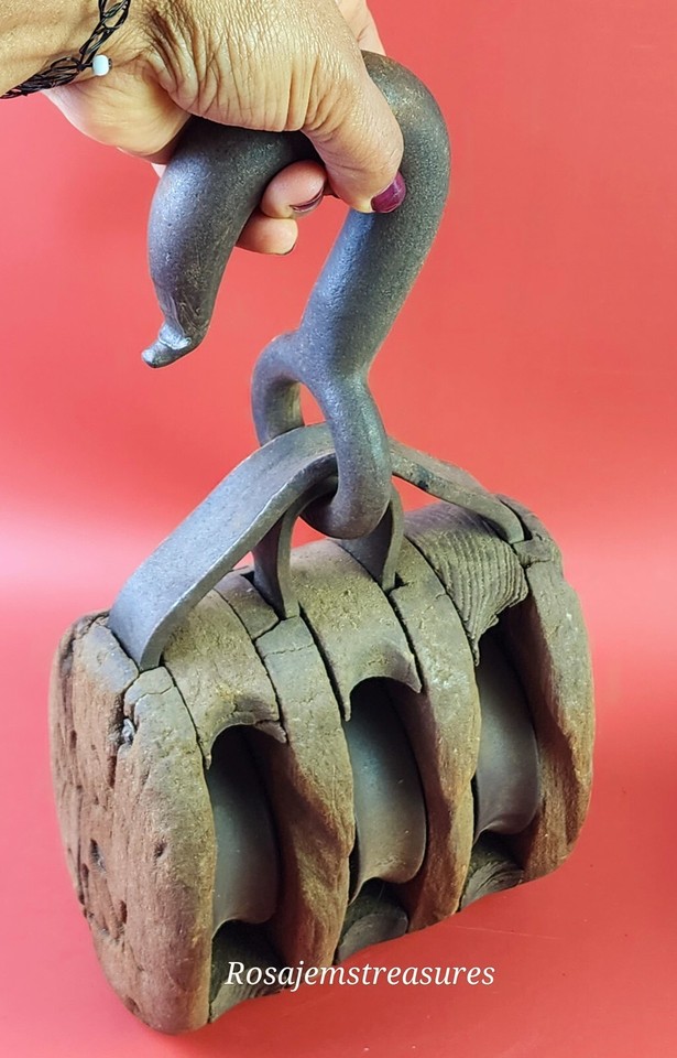 Vtg Triple Sheave Wooden Block & Tackle Pulley Set, Industrial Maritime ...