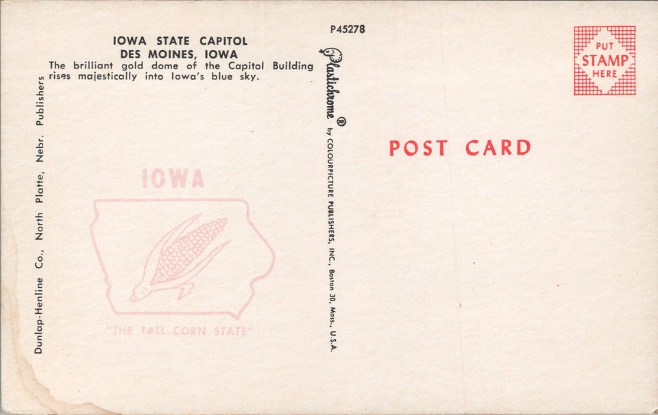 Des Moines Iowa State Capitol Exterior View Vintage Postcard - Unposted ...