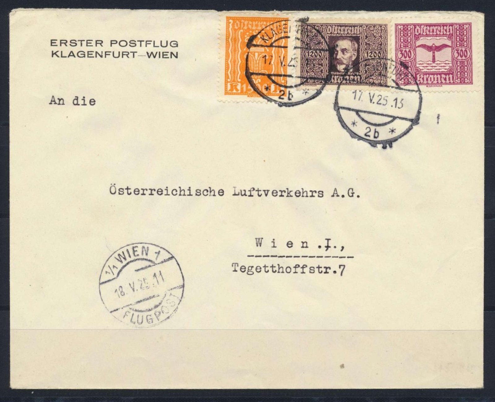 AUSTRIA 1925 Scarce KLAGENFURT-WIEN First Flight FFC Airmail Cover ...