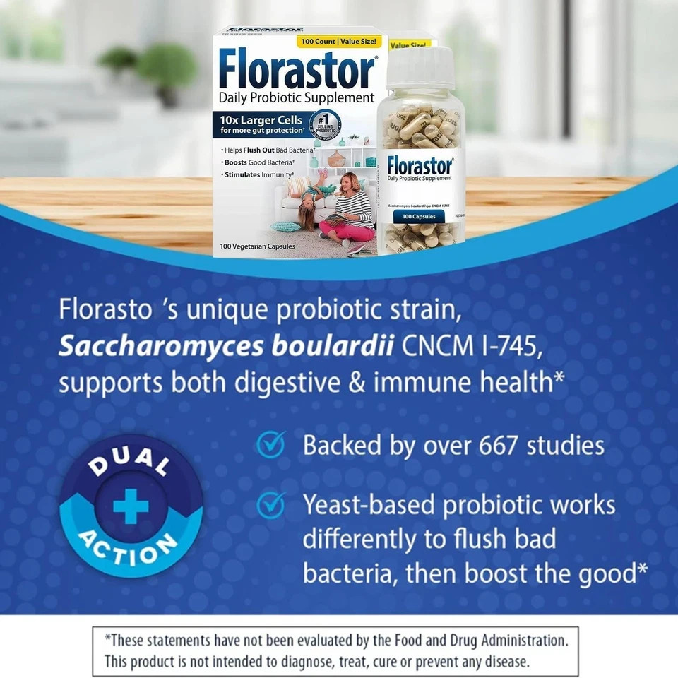 Florastor 250 mg Daily Probiotic Supplement - 100 Vegetarian Capsules ...