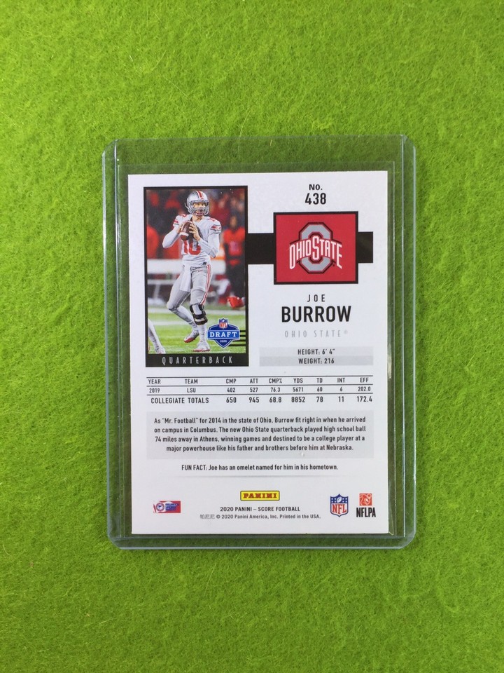 JOE BURROW ROOKIE CARD JERSEY #10 OHIO STATE RC LSU 2020 Panini Score ...
