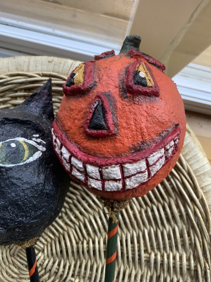 Paper Mache Pumpkin & Black Cat Rattles 17" Long Primitive Halloween ...