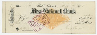 RN-G1 First National Bank check, Pueblo CO 1878 | eBay