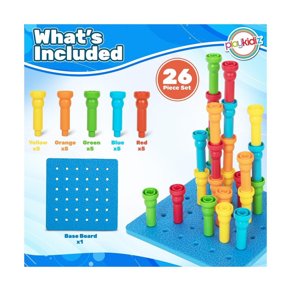 Play Build Peg Board Toy for Kids, 25 Colorful Pegs with Foam Board ...