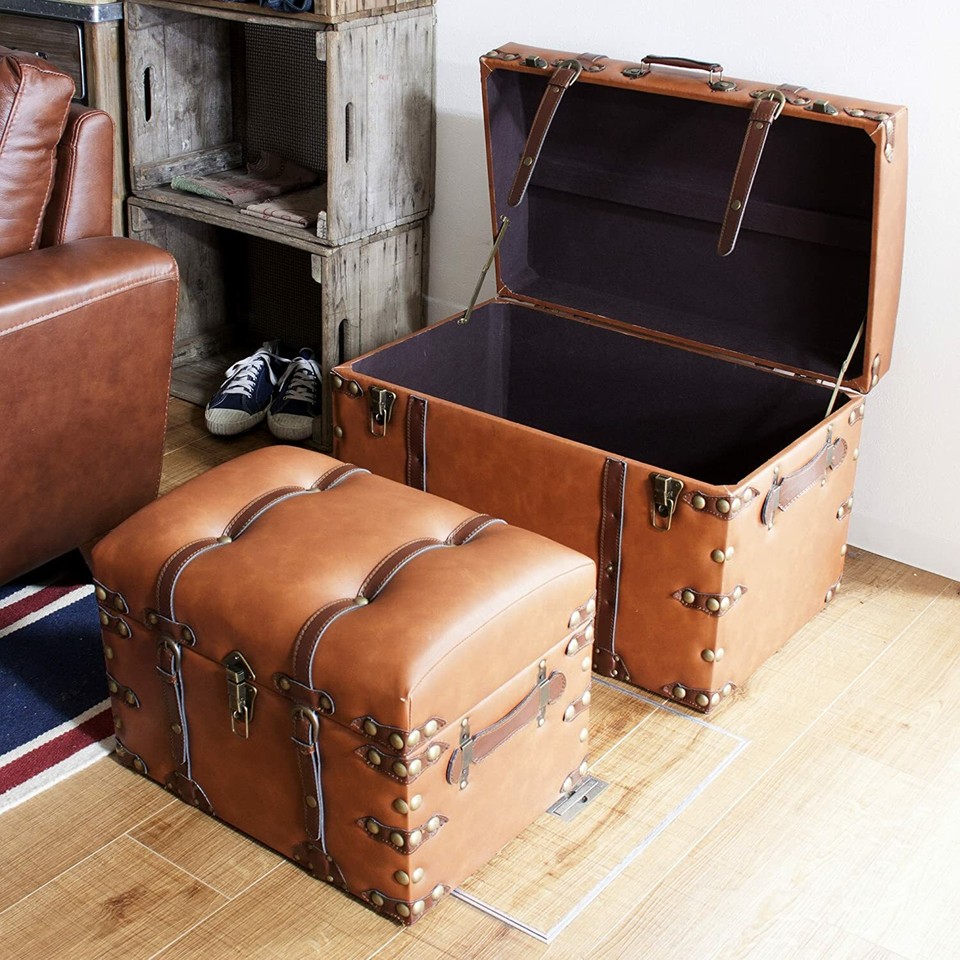 Leather Ottoman Trunk Storage Stool Set of 2 Accent IW-276 Azumaya F ...