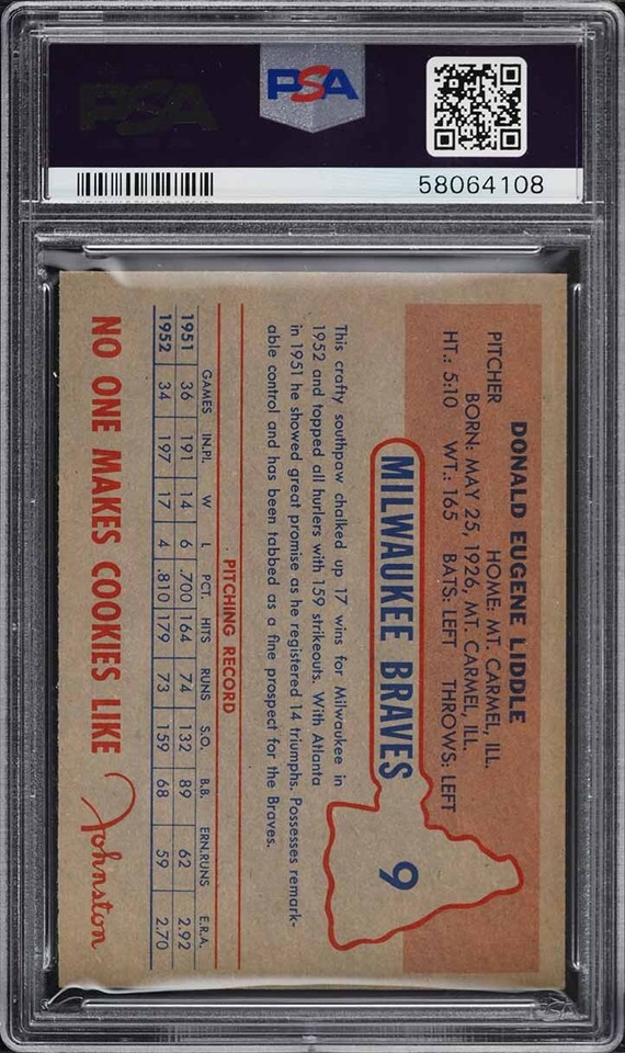 1953 Johnston Cookies Braves Baseball Don Liddle #9 Braves PSA 6 | eBay