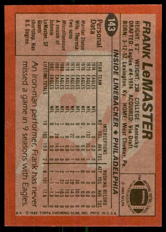 1983 TOPPS` FRANK LEMASTER. PHILADELPHIA EAGLES #143 | eBay