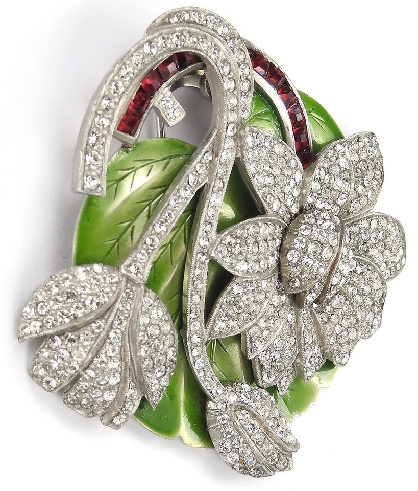 Dujay Pave Metallic Enamel Flowers Invisibly Set Ruby Stem Floral Spray ...