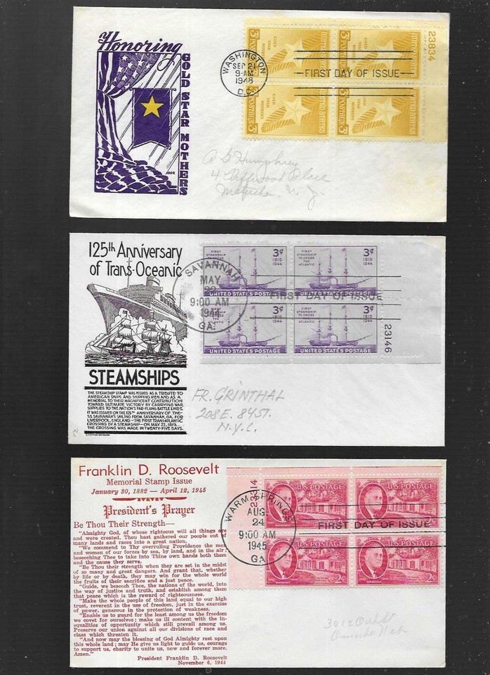 US FDC FIRST DAY COVERS 1940 'S PLATE BLOCKS COLLECTION LOT OF 15 | eBay
