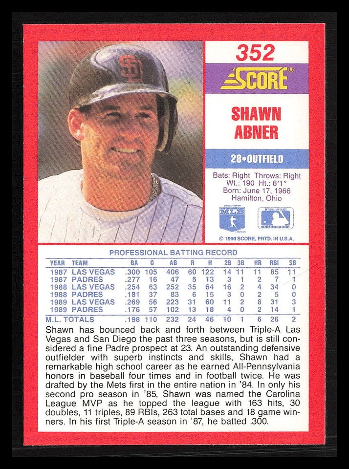 Shawn Abner 1990 Score #352 San Diego Padres | eBay