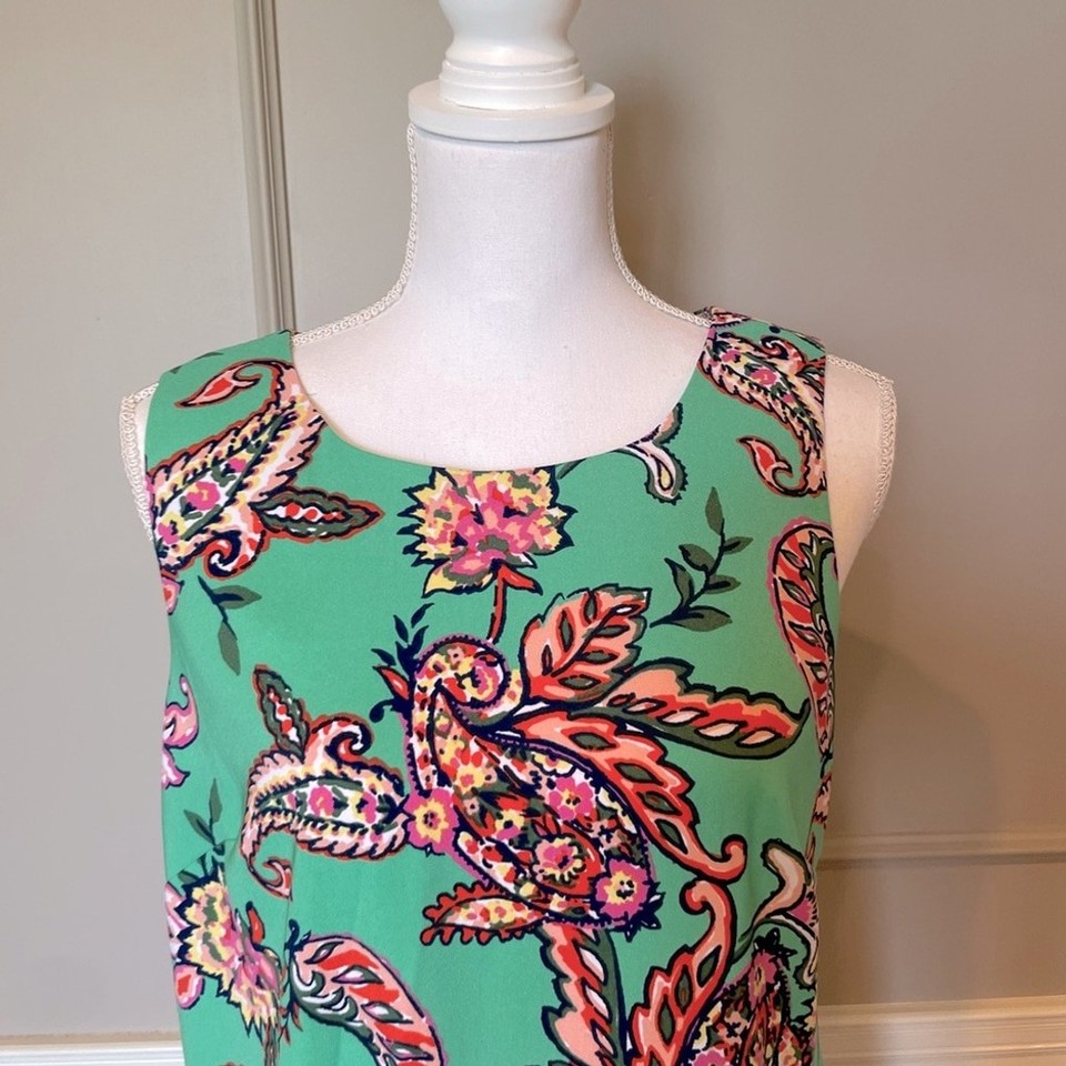 Roz & Ali sleeveless 10 dress shift a line green bright paisley floral ...