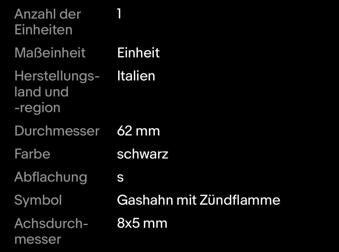 Knebel / Drehknopf Gashahn mit Zündflamme ø 62mm Achse ø 8x5mm ...