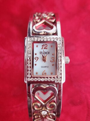 Studio Time Gold and Silver Tone Hearts Rhinestones Cuff Bracelet Watch ...