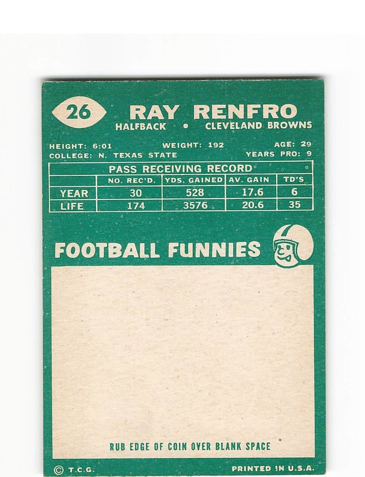 1960 TOPPS FOOTBALL RAY RENFRO #26 CLEVELAND BROWNS HIGH GRADE LOOKS ...