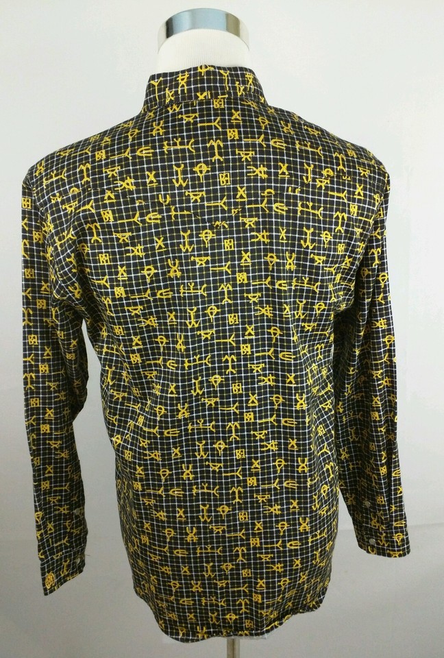 Barn Fly Black Gold Plaid Tribal Symbols Long Sleeve Western Shirt Mens ...