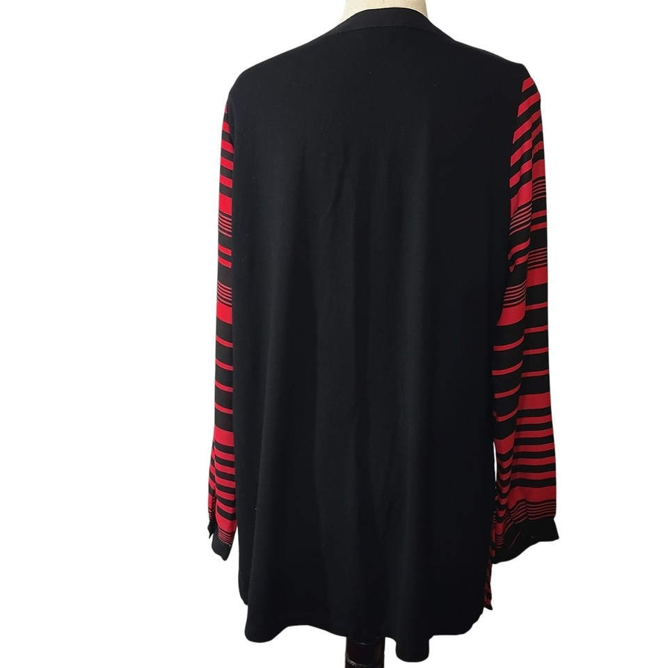 Susan Graver Red & Black Striped Tunic Top With Split Neck Long Sleeves ...