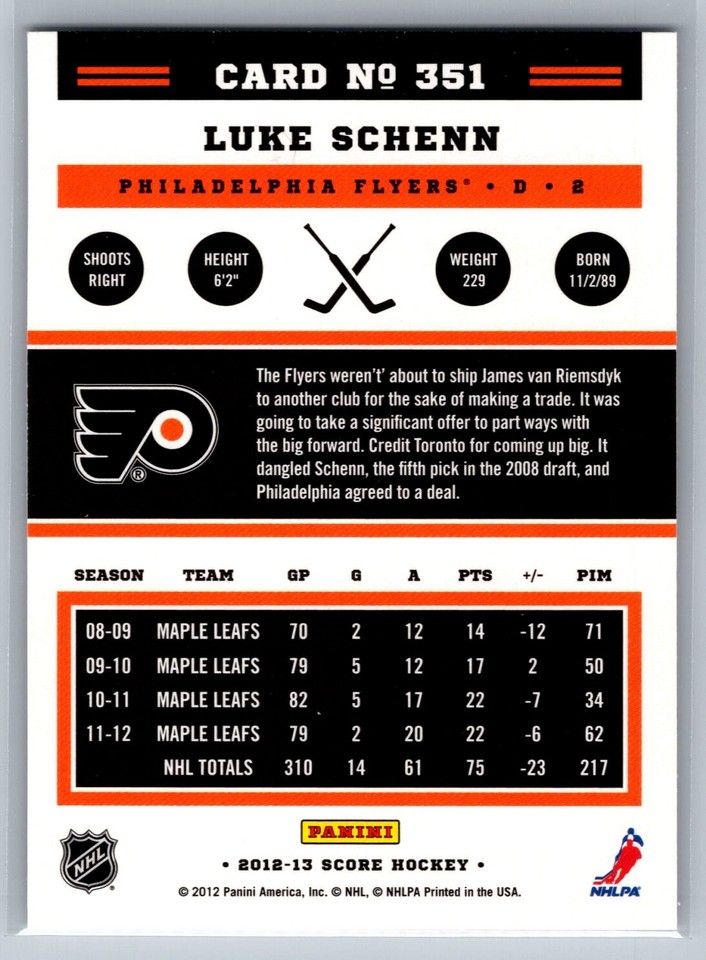 Luke Schenn 2012-13 Score HOCKEY #351 Philadelphia Flyers | eBay