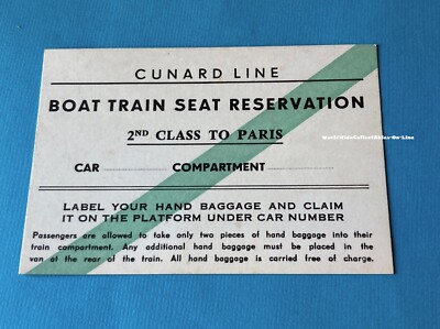 Vintage Cunard Boat Train Seat Reservation 2nd Class to Paris ...