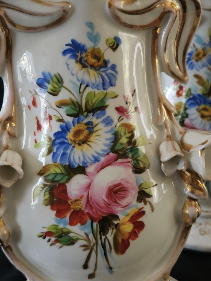 Pr Rococo VASES, Vieux Old Paris Porcelain, Pompadour Rose, Strawflwr ...