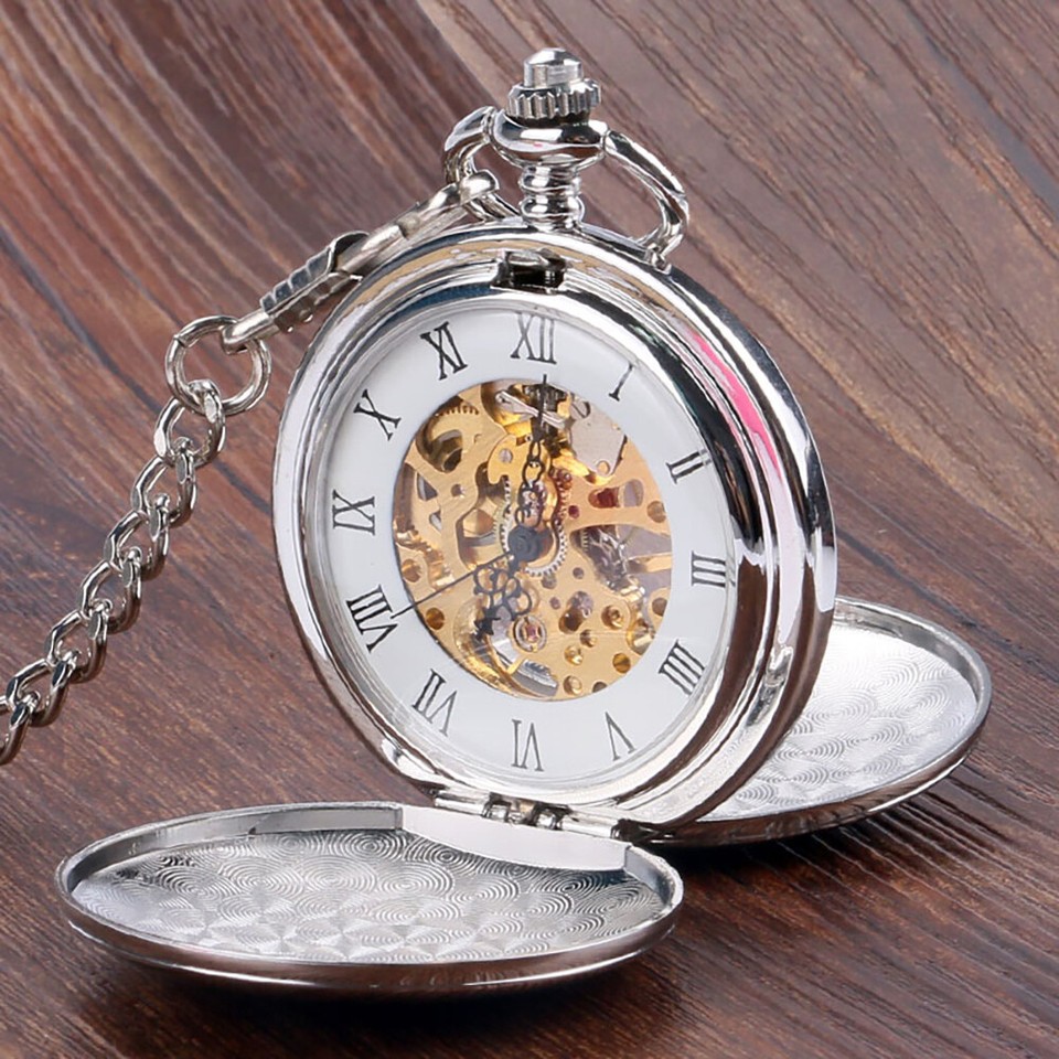 Silver Smooth Mechanical Double Full Hunter Skeleton Pocket Watch Men ...
