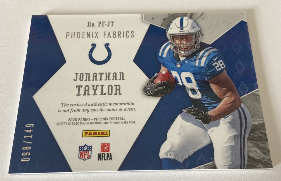 2020 Phoenix Fabrics Jonathan Taylor Rookie Patch Card /149 PF-JT Colts ...