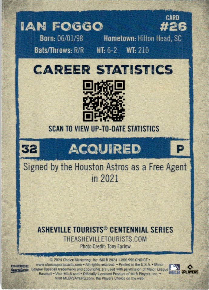 2024 Ian Foggo MiLB Rookie Minor League Card Asheville Tourists | eBay