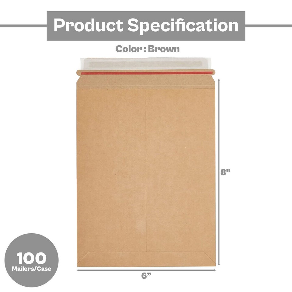 100 - 6x8 Kraft Rigid Photo Document Mailers Cardboard Envelopes 28 pt ...