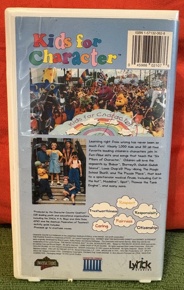 1995 Kids For Character VHS Tape 90s Tom Selleck Barney Lamb Chop ...