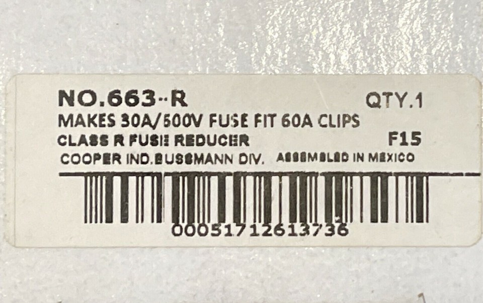 Buss 663-R Fuse Reducer Class R Non-Indicating Makes 30A/600V Fuse Fit ...