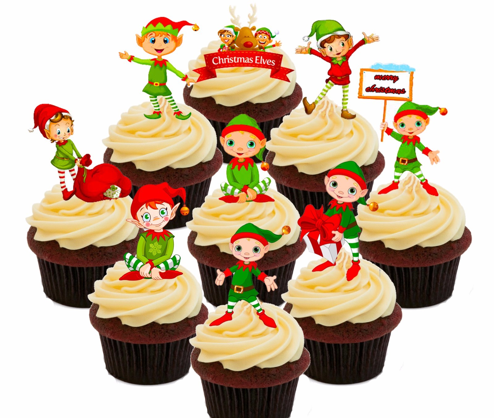 Christmas Elves - 36 Wafer Cupcake Toppers, Fairy Cake Bun Decorations ...