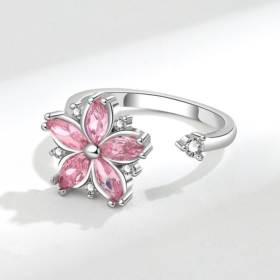 Creative Rotating Ring Female Cherry Pink Zirconia Flower Adjustable ...