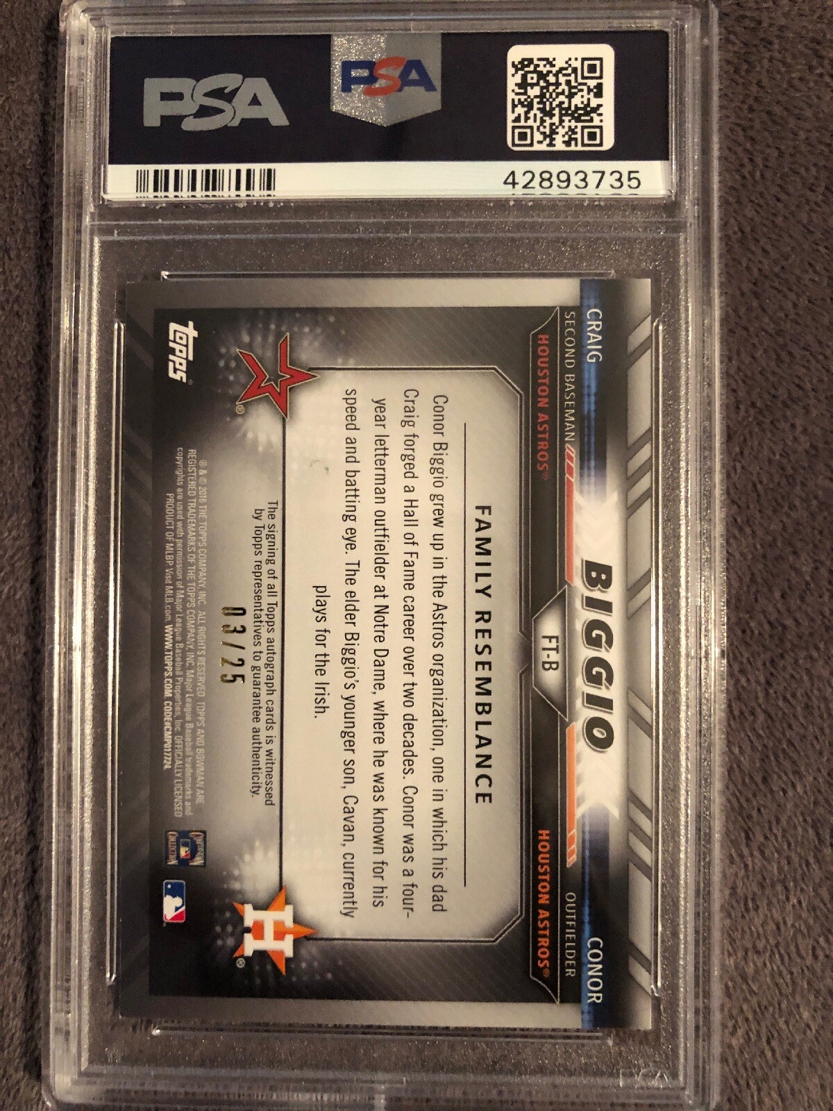 2016 Bowman Craig Biggio/Conor Biggio Family Tree Autos PSA/DNA 9💎POP 1 ...