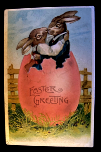 Dressed Rabbits in Egg Kissing~Antique~Anthropomorphic Easter Postcard ...