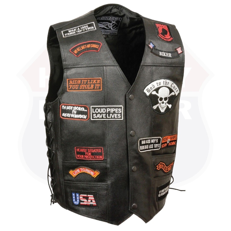 VEST LEATHER Biker Black Real Cow Motorcycle 23 Patches US Flag Eagle ...