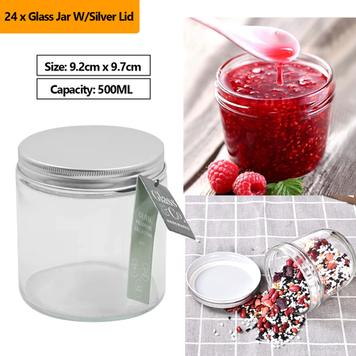 24 x Clear Glass Jar 500ml Silver Lid Kitchen Food Honey Jam Storage ...