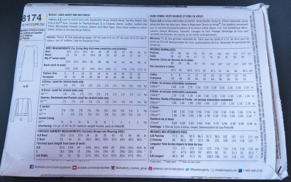 Simplicity Pattern 8174 Ms MIMI G STYLE Moto Jacket & Fitted Knit Dress Sz 16-24 | eBay