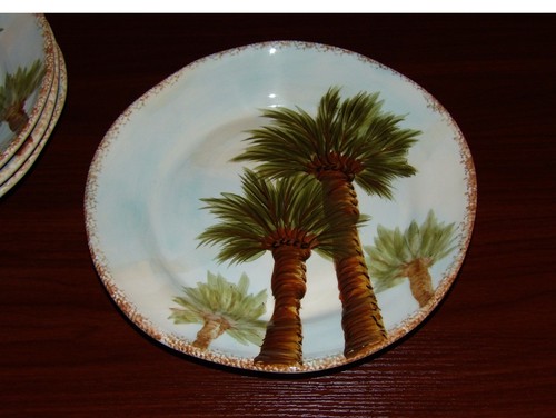 Set of 4 TABLETOPS Unlimited BAJA 11.5" Dinner Plates Palm Trees Hand ...