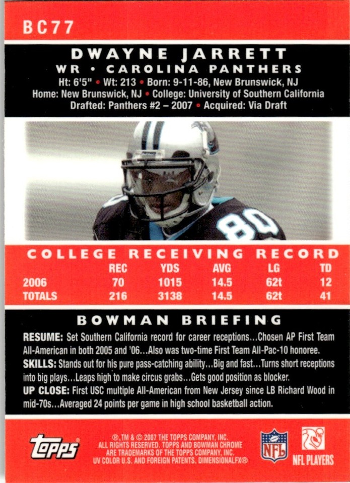 2007 Bowman Chrome Football Card Dwayne Jarrett RC Carolina Panthers # ...