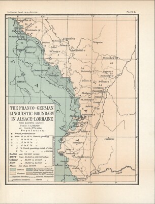 1915 Antique Map * Franco German Linguistic Boundary in Alsace Lorraine ...