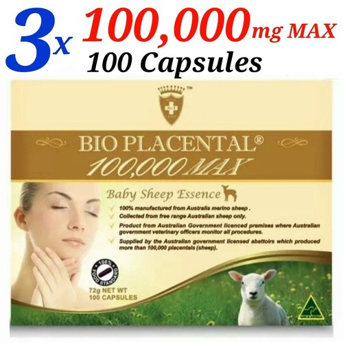 3 x 100 Capsules 100,000mg Max BIO PLACENTAL Baby Sheep Placenta ...