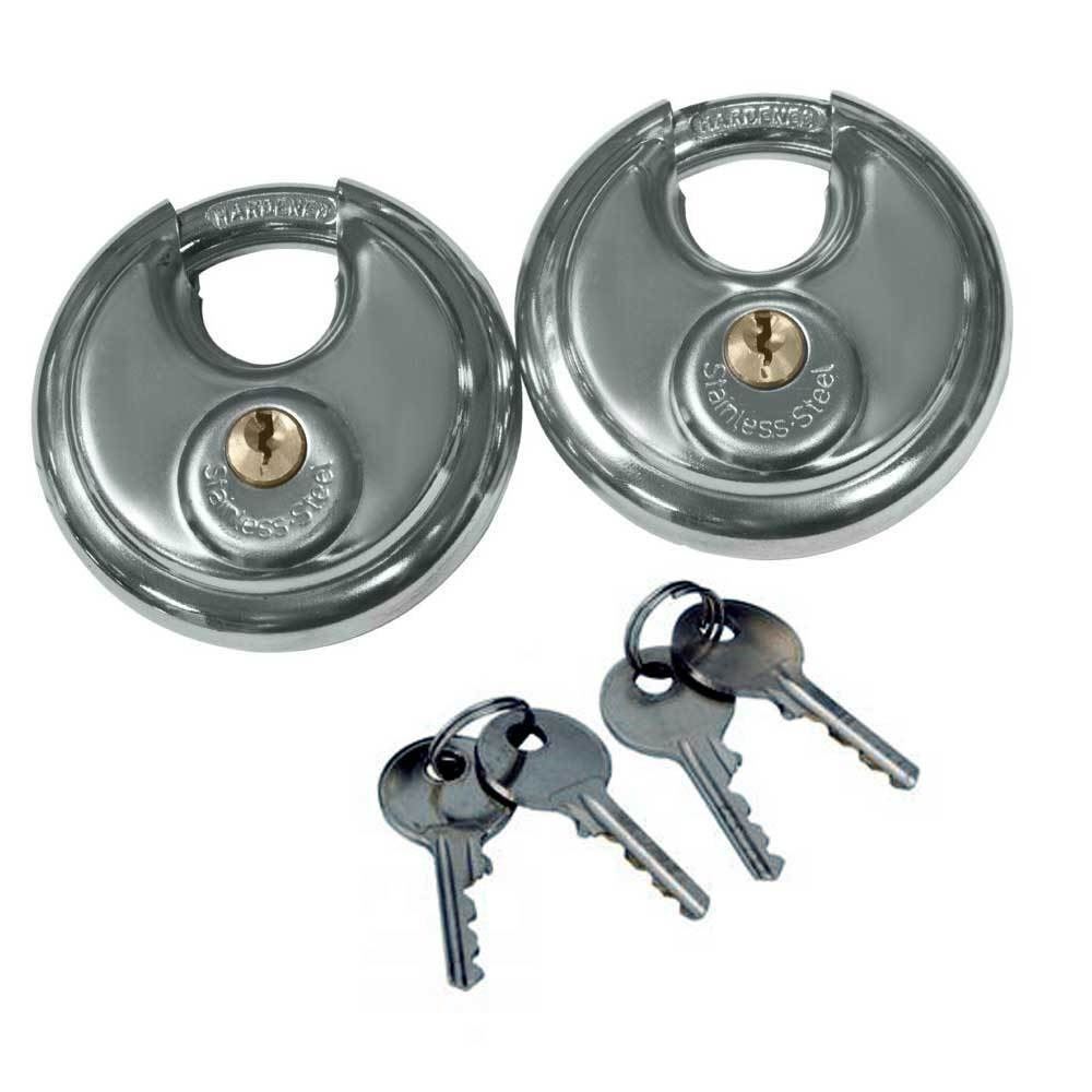 2 x 70mm KEYED ALIKE DISC STAINLESS STEEL PADLOCKS + 4 KEYS - HARDENED ...